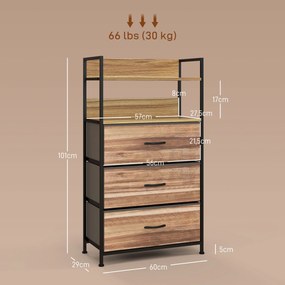 HOMCOM Úložná skříň v industriálním stylu s 3 vyjímatelnými textilními zásuvkami a 2 policemi - 60 x 29 x 101 cm - Vzhled dřeva a černého kovu