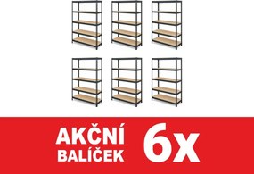 Regál 180x90x40 cm lakovaný, 5-policový, nosnost 1000 kg, RIVET - černý - 6ks