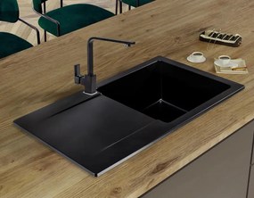 Sink Quality Ferrum, kuchyňský granitový dřez 770x450x190 mm + černý sifon, černá, SKQ-FER.C.1KDO.XB