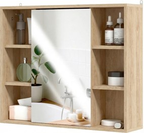 HOMCOM Závěsná zrcadlová skříňka do koupelny — 6 otevřených polic a zrcadlové dveře, přírodní dřevo, 60 × 14,5 × 49,4 cm (23,6 × 5,7 × 19,4 in)