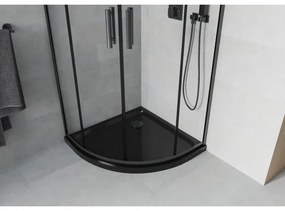 Mexen Rio, čtvrtkruhový sprchový kout s posuvnými dveřmi 90 x 90 cm, 5mm čiré sklo, černý profil + černá sprchová vanička, 863-090-090-70-00-4170B