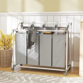 HOMCOM Koš na prádlo se 4 přihrádkami 160 L sběrač prádla s koly, vyjímatelný pytel na prádlo, 97 x 38 x 81 cm, šedá