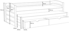 Dětská postel z masivu borovice MONI s přistýlkou a šuplíky - 200x90 cm - PŘÍRODNÍ BOROVICE