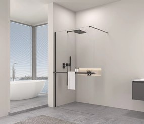 Erga Paris, sprchová zástěna Walk-In 60x200 cm s poličkou a ramínkem na ručníky, 8mm čiré sklo, černý profil, ERG-V02-PARIS-060x200-CL-BK-BAR