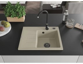 Mexen Ben, 1-komorový granitový dřez 600x500x190 mm, pravý + černý sifon, béžová, 6523605000-69-B