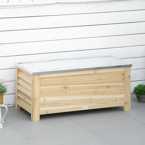Outsunny Zahradní Úložný Truhla 155L s Pozinkovaným Víkem a Šikmým Designem pro Zahradu, Terasu či Balkon 110x50x50 cm Přírodní Dřevo