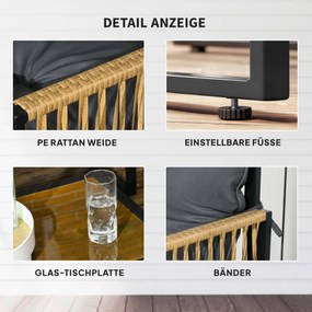 Zahradní ratanový nábytek Outsunny 4 kusy s polštáři, zahradní sedací souprava, 1 skleněný konferenční stolek, 2 křesla, 1 dvoulůžková pohovka, elega…