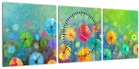 Obraz - Abstraktní květiny (s hodinami) (90x30 cm)