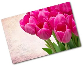 Wallmuralia Deska na krájení tvrzená Růžové tulipány 80x52 cm