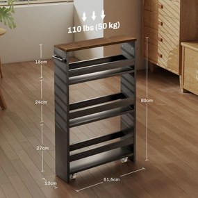 HOMCOM Úložný vozík s kolečky a 3 úložnými úrovněmi, rozměry 51,5D x 13Š x 80V cm, do kuchyně, koupelny nebo kanceláře, černý | Aosom