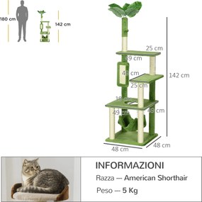 PawHut Kočičí Škrabadlo 142 cm, Kočičí Strom s Houpací Síťkou, Kuličkovou Hračkou, Sisalovými Škrabadly a Protivrhacím Systémem, Zelené