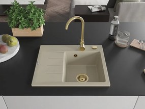 Mexen Ben, 1-komorový granitový dřez 600x500x190 mm, pravý + zlatý sifon, béžová, 6523605000-69-G