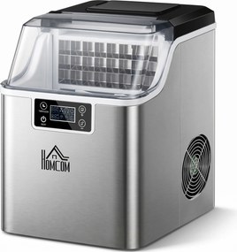 HOMCOM Výrobník kostek ledu, 20 kg/24h 2,3 l, s nádržkou na vodu 3,2 l, automatický čisticí program, nerezová ocel, 25,2 x 36 x 37,1 cm, stříbrná| Ao…