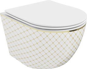 Mexen Lena WC mísa Rimless s pomalu zavíracím slim duroplastovým prkénkem, bílá/zlatá vzor mřížka - 30224009