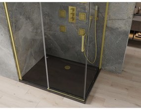 Mexen Omega, sprchový kout s posuvnými dveřmi 100 (dveře) x 80 (stěna) cm, 8mm čiré sklo, zlatý profil + slim sprchová vanička černá + zlatý sifon, 825-100-080-50-00-4070G