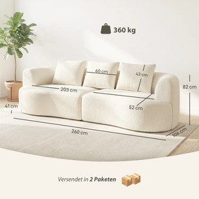 HOMCOM pohovka pro 3 osoby, 260 cm, chenille ‚cloud‘ sedačka s 3 bederními polštáři, širokými područkami a polstrovaným sedákem — krémová