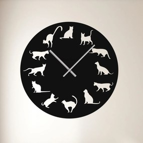 dřevo života Nástěnné KOČIČÍ hodiny Zvolte barvu dekoru: Černá, Zvolte velikost hodin (cm): 40x40, Barva ručiček: Stříbrné