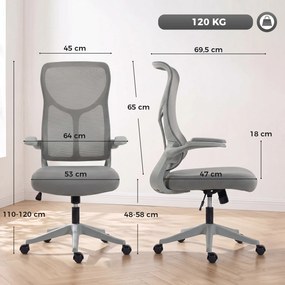 HOMCOM Ergonomická kancelářská židle z mesh, otočná židle s vysokým opěradlem a sklápěcími područkami, s houpací funkcí, šedá