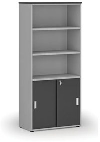 Kombinovaná kancelářská skříň PRIMO GRAY, zasouvací dveře na 2 patra, 1781 x 800 x 420 mm, šedá/grafit
