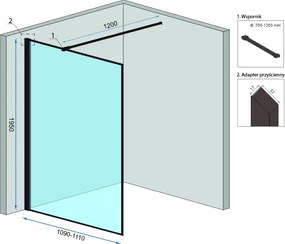 Rea Bler, sprchová zástěna 110x195 cm, 8mm čiré sklo, černý matný profil + police a věšák EVO, KPL-K7630