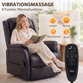 HOMCOM Elektrické křeslo na vstávání s vibrační masáží a funkcí tepla, seniorské křeslo z hnědé PU kůže