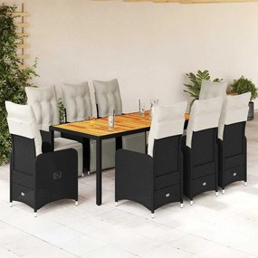9dílný zahradní bistro set s poduškami černý polyratan 3277132