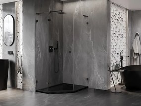 Mexen Lunar, L pětiúhelníkový sprchový kout naklápěcí doleva 80 x 100 cm, 8mm čiré sklo, černý profil, 831L-080L-100P-70-00-L