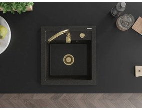 Mexen Vito, granitový dřez 520x490x210 mm, 1-komorový, černá-zlatá metalíza se zlatým sifonem, 6503521000-75-G