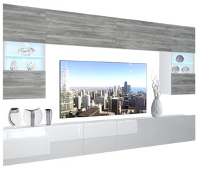 Obývací stěna Belini Premium Full Version šedý antracit Glamour Wood / bílý lesk + LED osvětlení Nexum 3