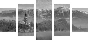 5-dílný obraz kostel u jezera Bled ve Slovinsku v černobílém provedení Varianta: 200x100