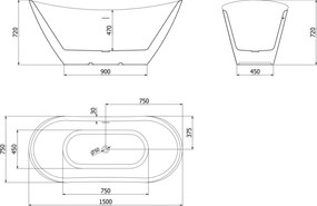 Mexen Lotos, volně stojící vana 150 x 75 cm, bílá/černá, měděný matný přepad, 52051507775-65