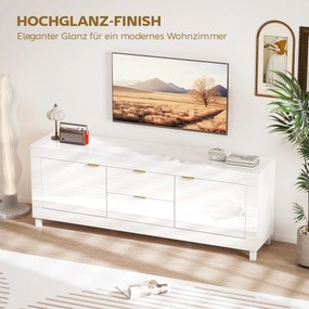 HOMCOM nízký TV stolek pro TV až do 75" – 180 × 40 × 66 cm, bílý vysoký lesk, 2 dvířka s tlumeným dovřením, kabelové vedení a 2 zásuvky