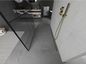 Mexen Kioto, průchozí sprchová zástěna 110 x 200 cm, 8mm sklo čiré/černý vzor, 2x zlatá stabilizační rozpěra, 800-110-002-50-78