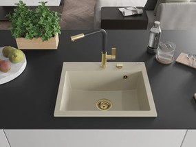 Mexen Oscar granitový dřez 1-komorový 580 x 490 mm, béžový, zlatý sifon - 6519581000-69-G