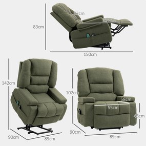 HOMCOM elektrické křeslo s funkcí vstávání, masážní a topná funkce, nastavitelný sklon, opěrka nohou, ovladače, zelená