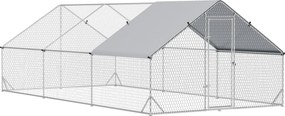 PawHut Kurník s voliéra, 300 x 600 x 200 cm, ocelový kuřecí výběh s víkem, dveřmi, pro 12-18 kuřat a malé zvířata, stříbrná | Aosom