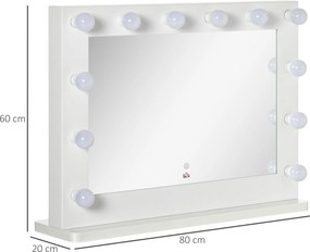 HOMCOM Hollywoodské zrcadlo s osvětlením, kosmetické zrcadlo s dotykovým spínačem, kosmetické zrcadlo s 12 stmívatelnými LED světly, 80 x 60 cm, kosm…