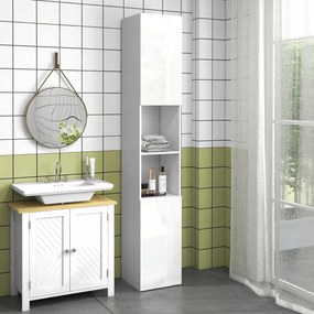 Vysoký koupelnový skříň Kleankin, lesklý povrch, nastavitelné police, 2 skříňky a 2 niky, koupelnová úložná police, 30 x 30 x 181,5 cm, bílá | Aosom