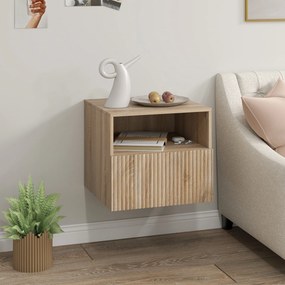 HOMCOM Noční stolek, design bez úchytek, otevřená přihrádka, zásuvka, montáž na zeď, světle hnědá