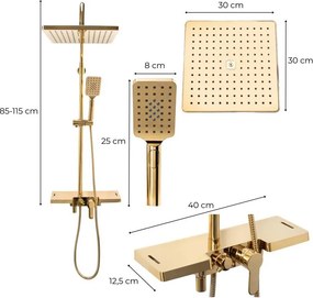 Erga Oslo, sprchová souprava s pákovou baterií, policí a dešťovou hlavicí 30x30 cm, zlatá lesklá, ERG-YKA-BP.OSLO-30-GLD