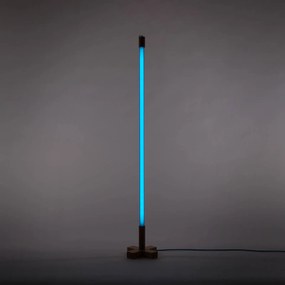 LED stojací lampa Linea se dřevem, modrá