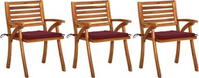 vidaXL Zahradní jídelní židle s poduškami 3 ks masivní akáciové dřevo [3060781] Barva: vínová červená