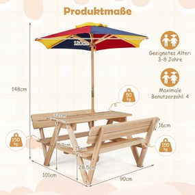 Costway Dětský piknikový stůl se slunečníkem. Dětská sedací sestava z jedlového
