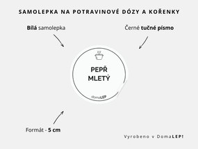 PEPŘ MLETÝ - omyvatelná samolepka na kořenky, výběr rozměrů Ø 5 cm / 5 x 5 cm / 6 x 8 cm | DomaLEP tvar: KOLEČKO, barva: BÍLÁ - ČERNÉ písmo, velikost: Ø 5 cm - tučné písmo