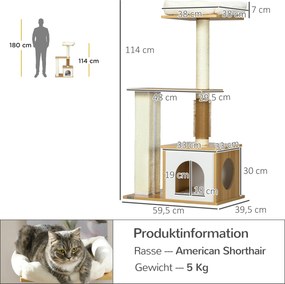 Stabilní škrabadlo PawHut 114H cm pro malé kočky, strom pro kočky se škrabadlem, kočičí jeskyně a šplhací strom z dubového dřeva | Aosom.de
