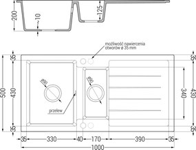 Mexen Andres, granitový dřez 1000x500x200 mm, 1,5-komorový, béžová s chromovým sifonem a béžová dřezová baterie Rita, 6515-69-670300-69
