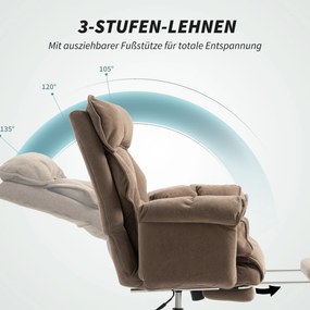 HOMCOM Ergonomická kancelářská židle, naklápěcí opěrka zad, podnožka, měkká látka, světle hnědá