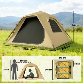 Instantní pop-up stan s pláštěnkou, nepromokavý kopulovitý stan pro 2-3 osoby se 2 vchody 2 okny 240x240x160 cm Khaki barva