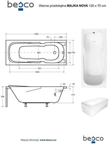 BESCO Obdélníková vana MAJKA NOVA Nožičky k vaně - Bez nožiček, Rozměr vany - 120 × 70 cm VANMAJN120