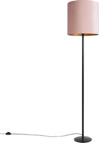 Stojací lampa černá s růžovým sametovým stínítkem se zlatem 40 cm - Simplo